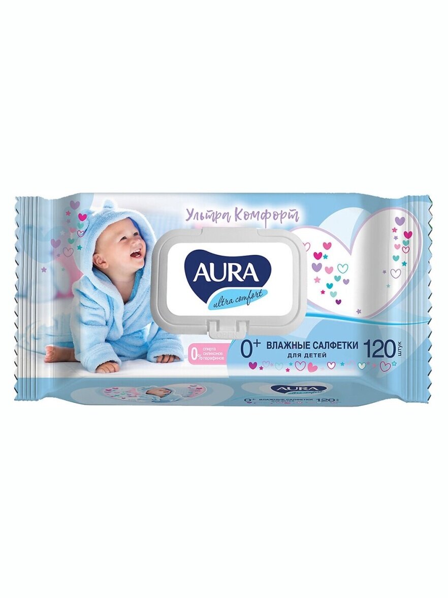 Детские влажные салфетки Aura с экстрактом алоэ и витамином Е, 120 шт