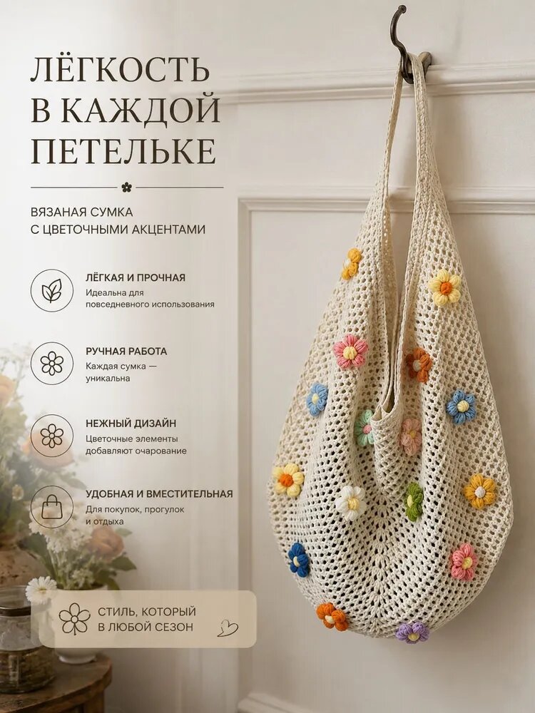 Вязаная плечевая сумка с цветочным узором, белая, 40 2 50 см