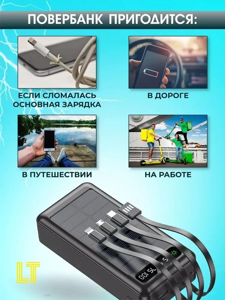 Внешний аккумулятор 50000mAh с солнечной батареей, быстрая зарядка Type-C и USB, совместим с iOS/Android, мощный фонарик для походов и путешествий