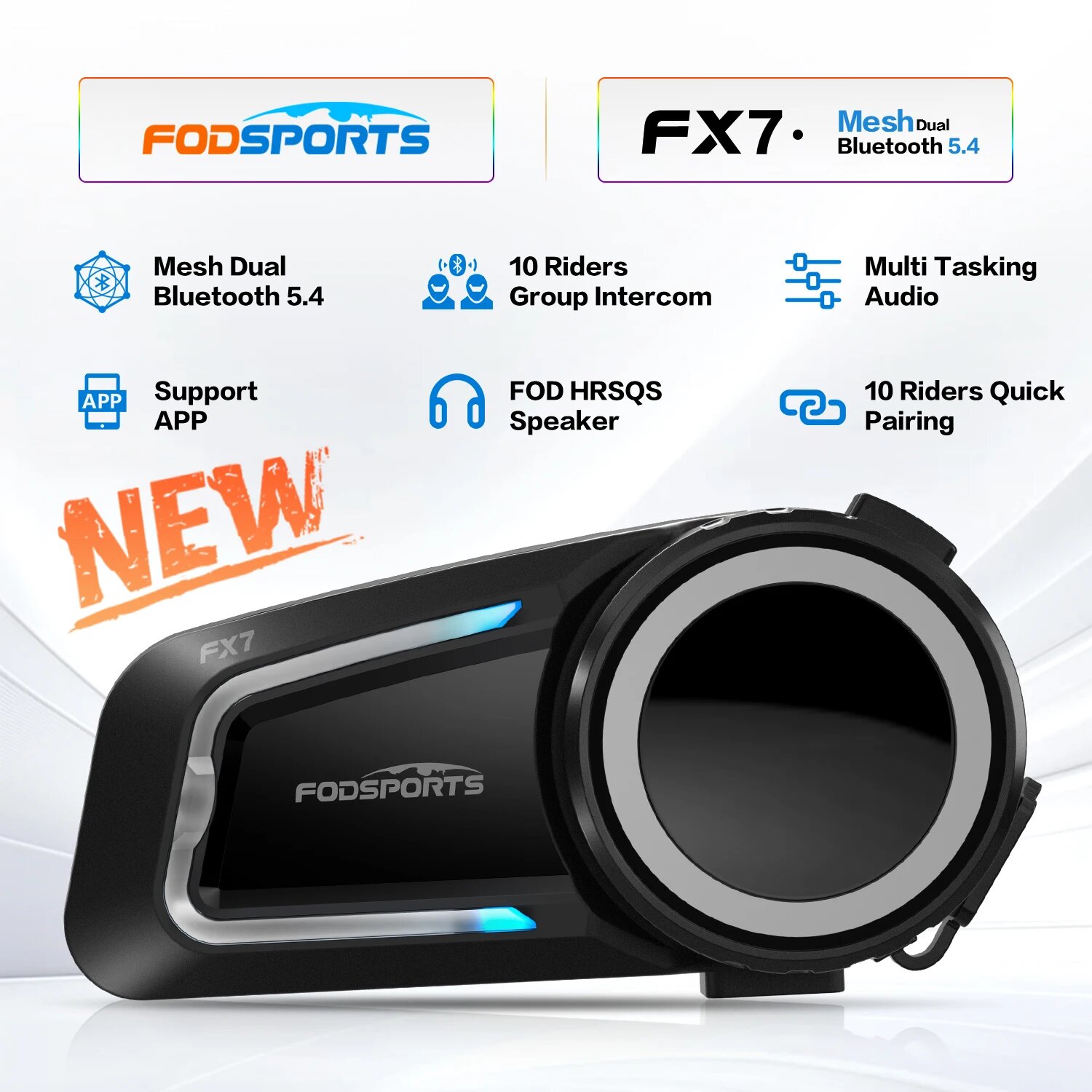 Fodsports FX7 Bluetooth-гарнитура для мотоциклетного шлема, мотоциклетная сетка гарнитура ,10 всадника, 2000 м, Bluetooth 5.4