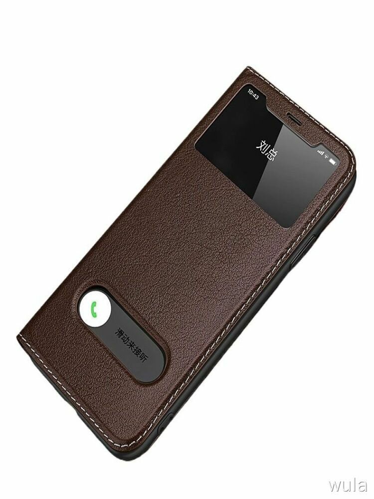 Чехол-книжка для iPhone 16 Pro Max из натуральной кожи, с многофункциональным умным окном, возможность ответа на звонки и управления без открытия крышки, полная защита, противоударный, коричневый
