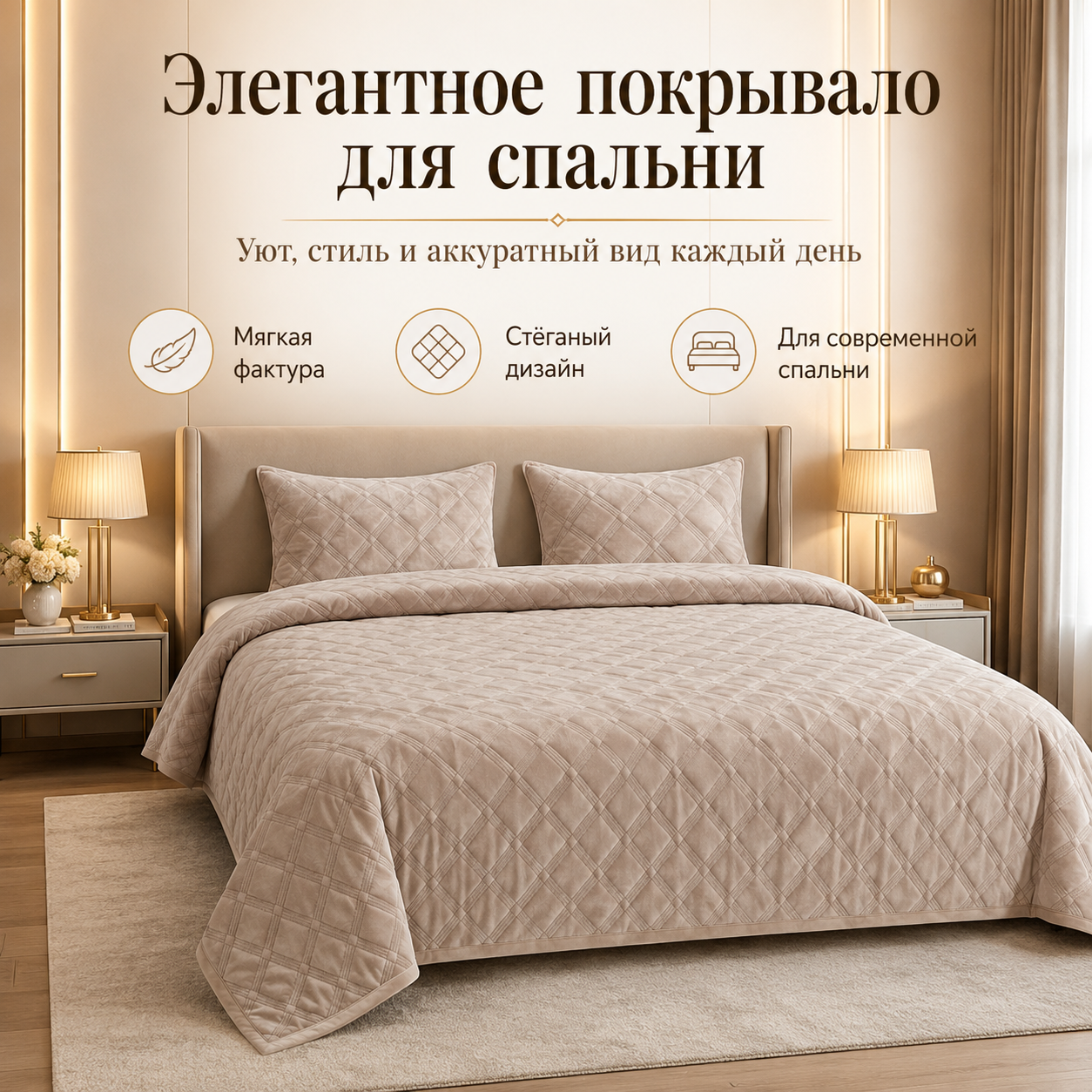 Покрывало на кровать из хрустального велюра 220×240 см с двумя наволочками