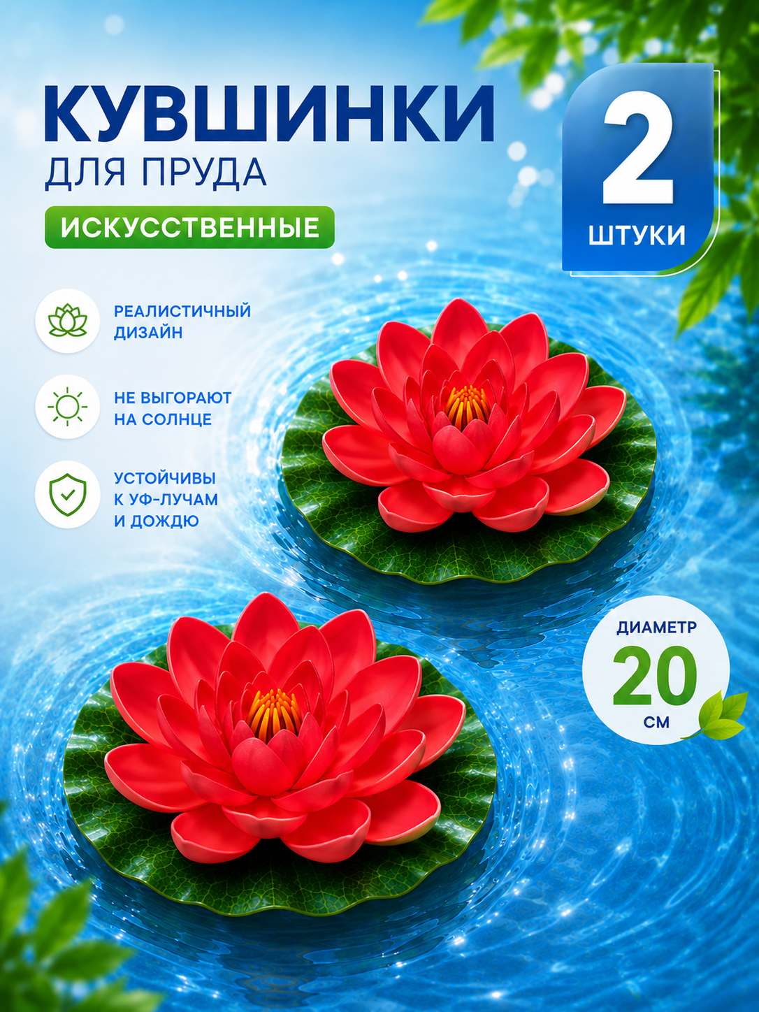 Кувшинки для пруда, искусственные 2 шт, 20 см, красный