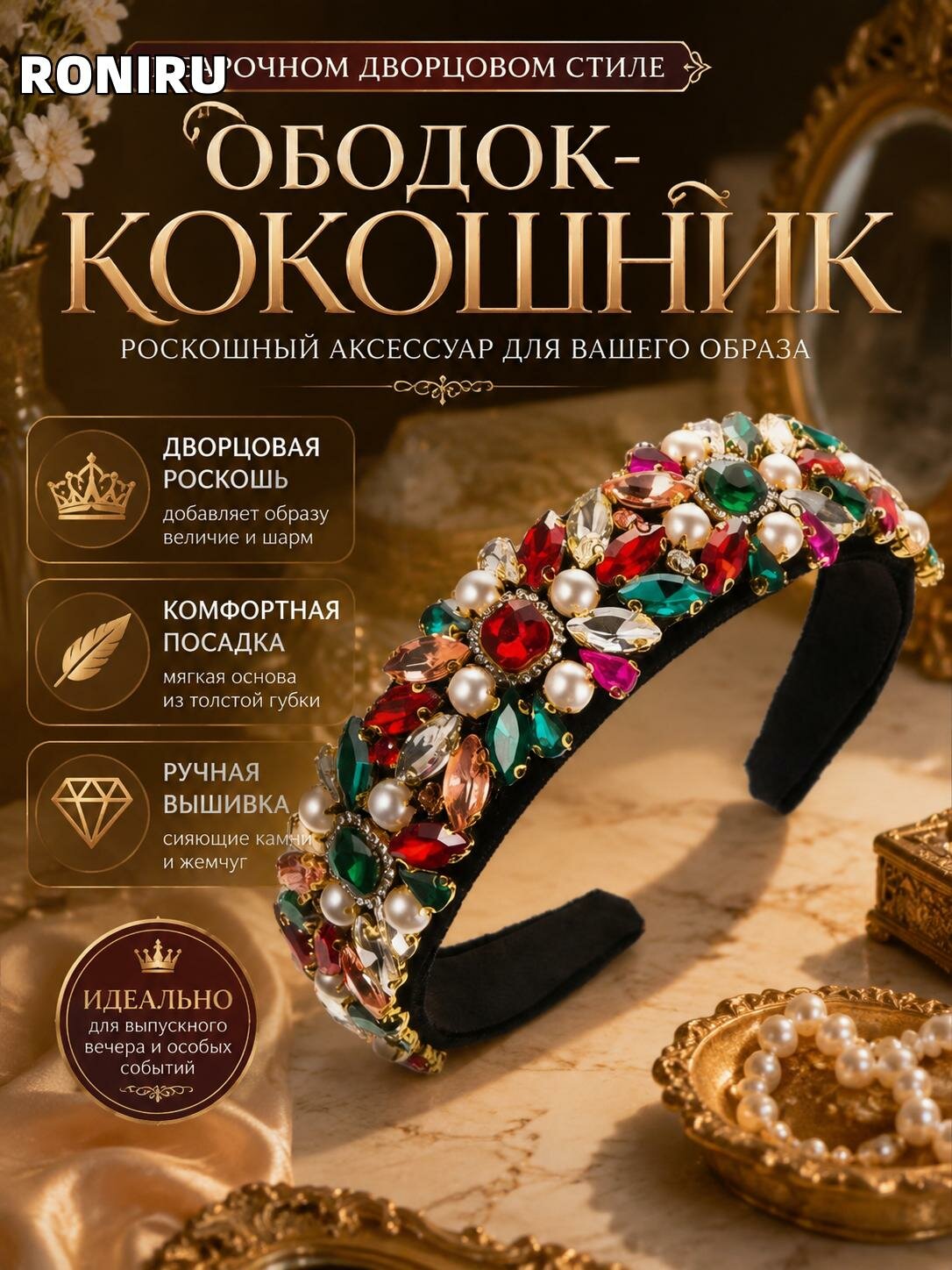 Ободок-кокошник в барочном дворцовом стиле, широкополое украшение с вышивкой из толстой губки для выпускного вечера