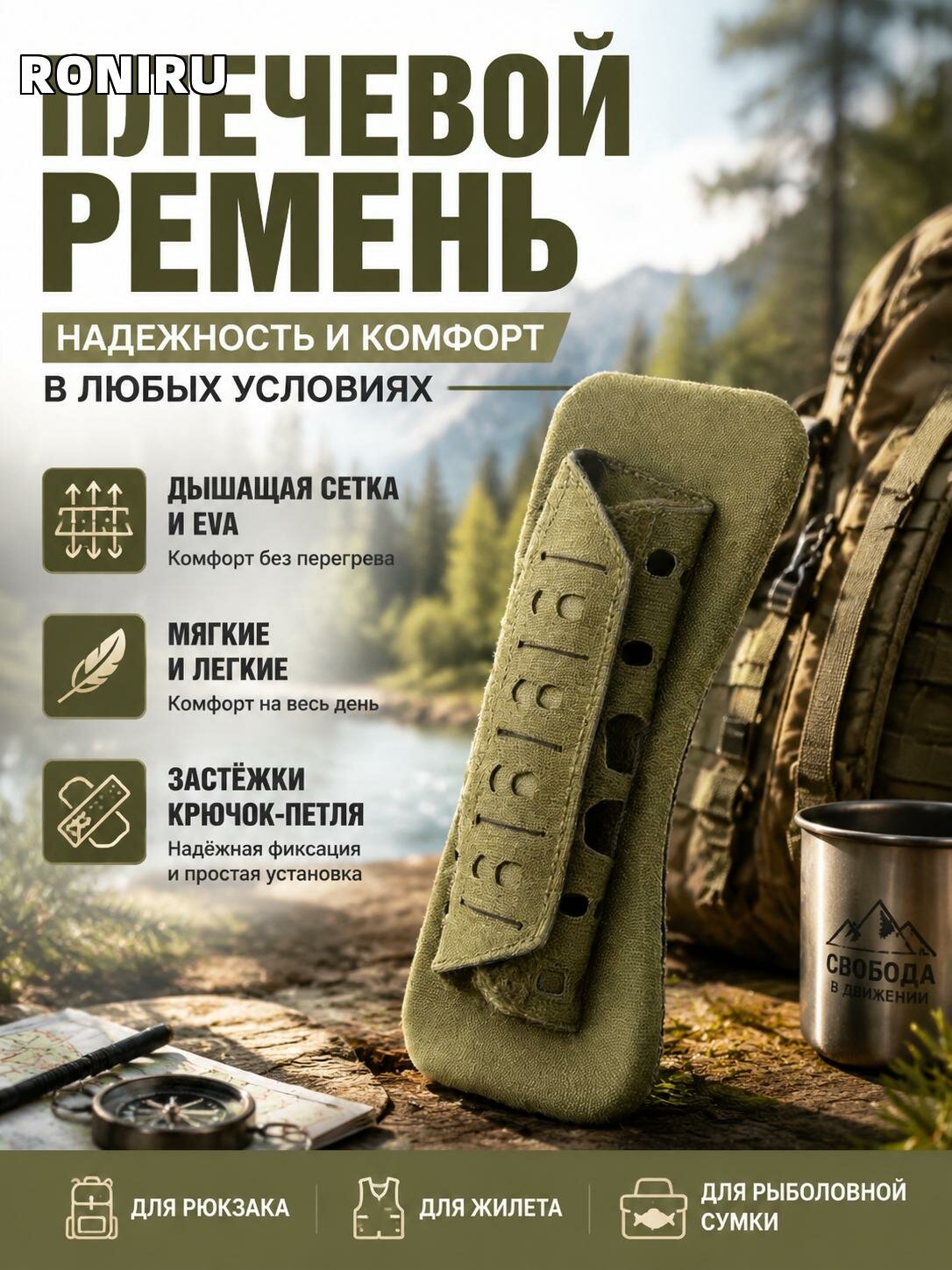 Плечевой ремень, нейлоновые наплечники с дышащей сеткой и EVA, мягкие и легкие с застежками крючок-петля для рюкзака, жилета и рыболовной сумки