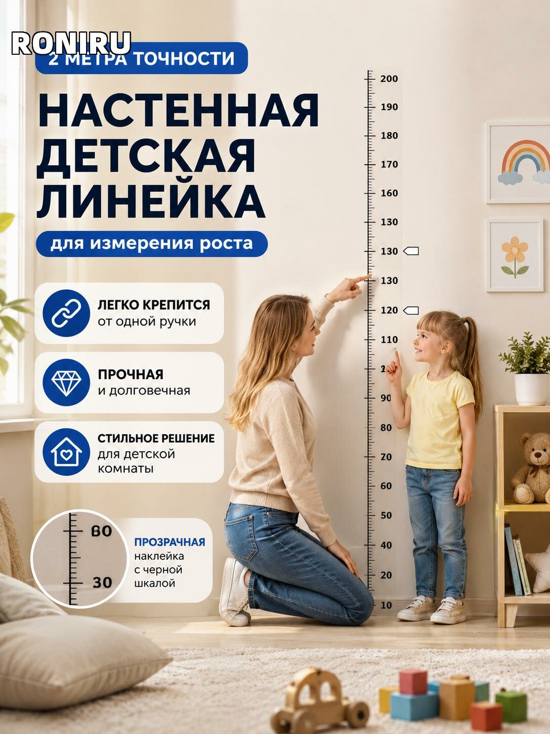 Настенная детская линейка для измерения роста 2 м, прозрачная наклейка с черной шкалой для украшения комнаты и удобного контроля роста