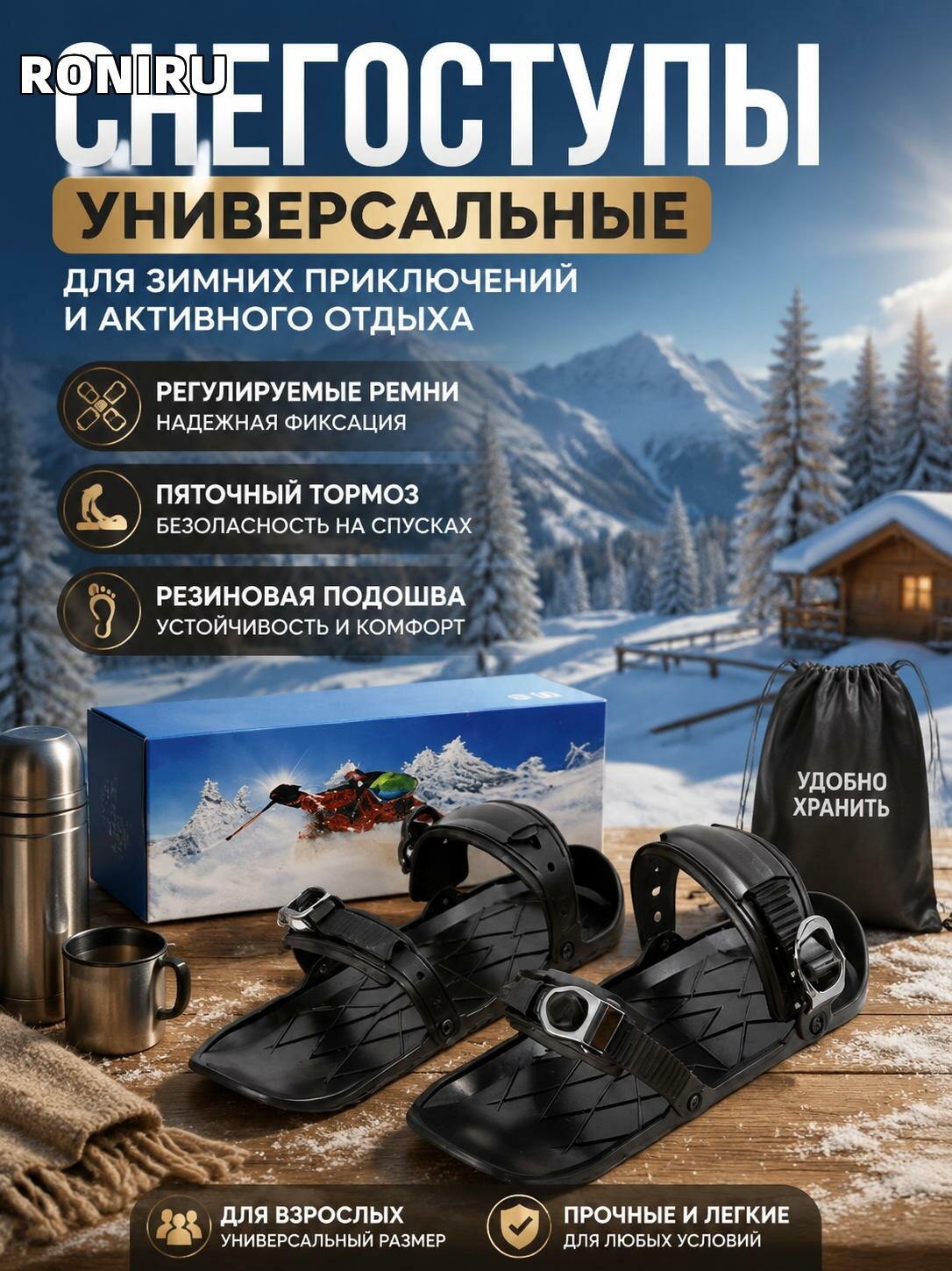 Снегоступы универсальные, регулируемые ремни и пяточный тормоз для взрослых, эргономичные мини-лыжные ботинки с резиновой подошвой и комфортной посадкой