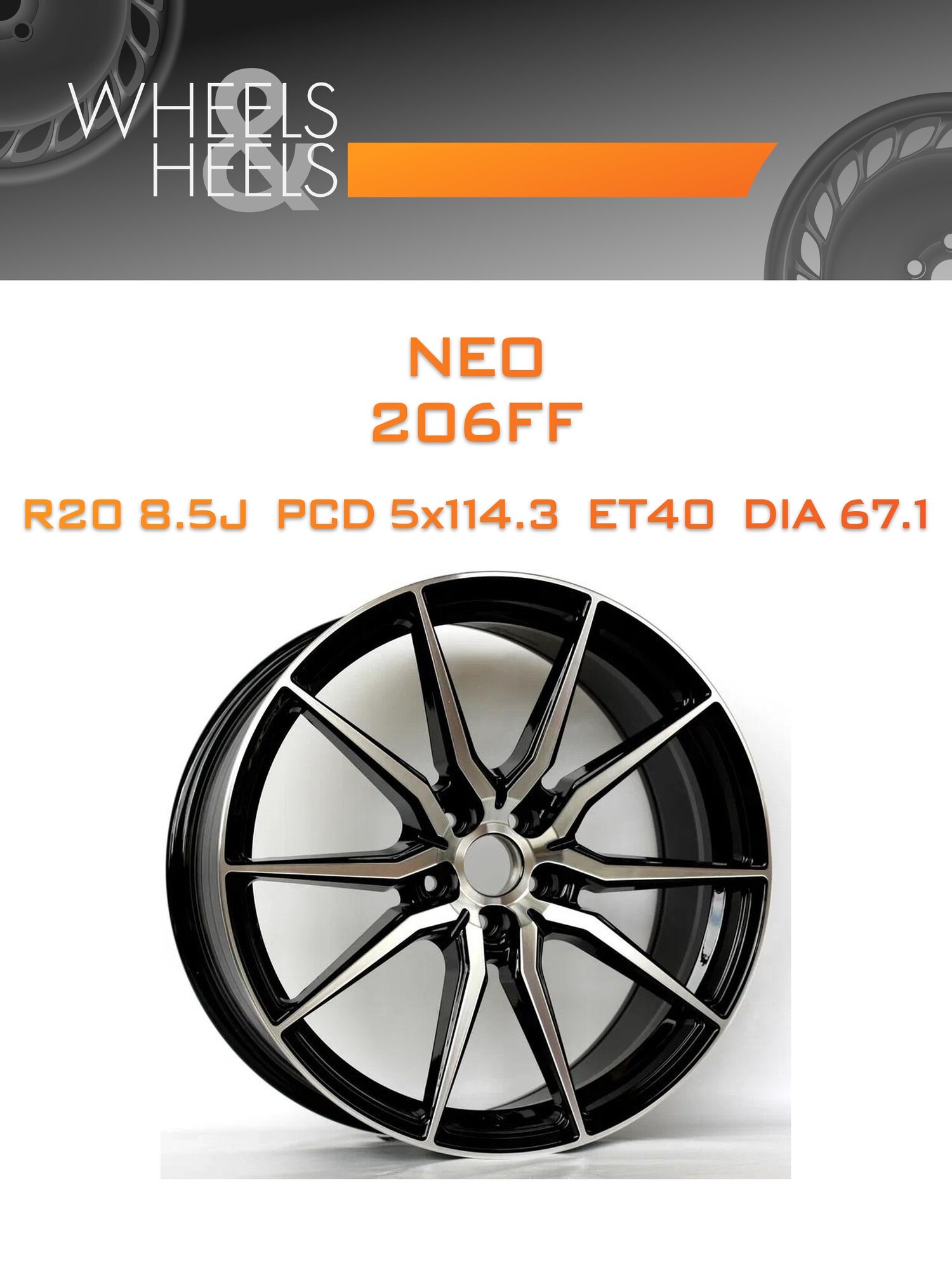 Диск автомобильный литой NEO 206FF 20x8.5 5x114.3 et40 dia67.1 Чёрный с полированной лицевой частью