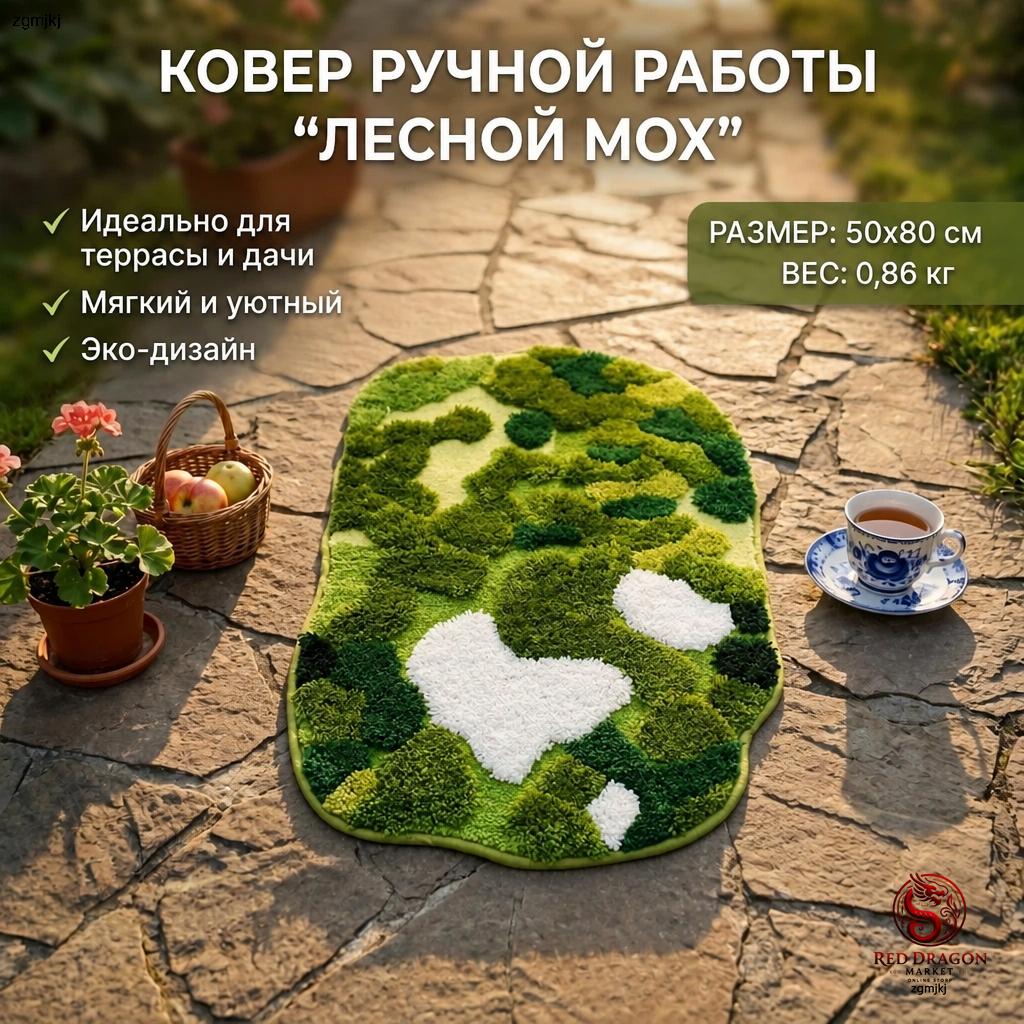 Ковер-мох 3D с длинным ворсом, зеленый, TPR-основа, 50x80 см