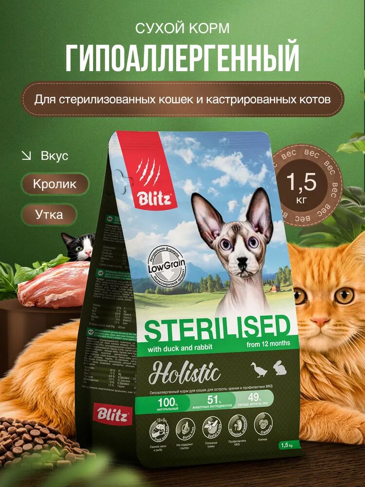 Сухой корм для стерилизованных кошек BLITZ низкозерновой утка и кролик 1,5кг