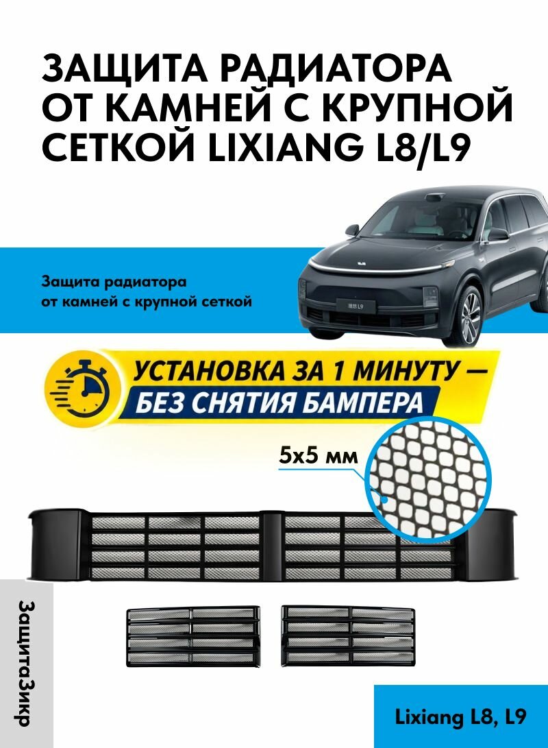 Сетка в бампер Lixiang L8/9 защитная решетка переднего бампера 5х5 мм для Лисян Л8/9, черный глянец, защита радиатора от камней и насекомых