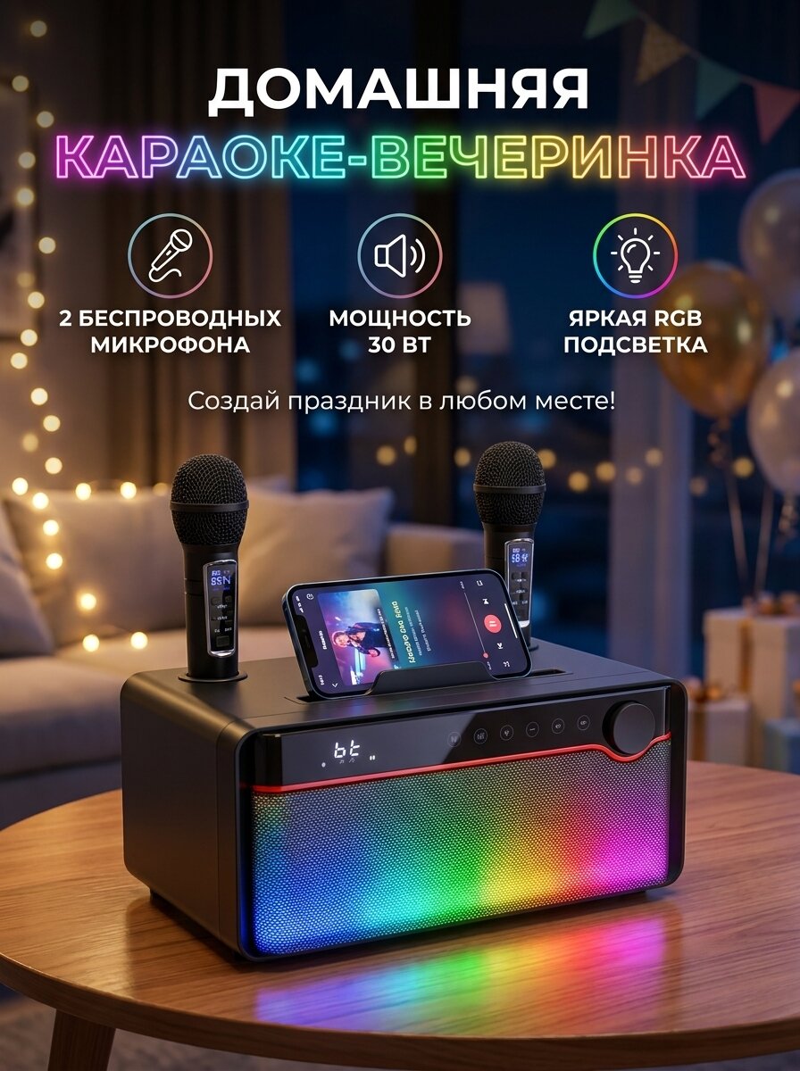 Эксклюзивный набор для караоке SORDA SD328 с мощностью 30 Вт, оснащённый двумя микрофонами и возможностью подключения по Bluetooth, AUX и USB, произведён из массива натурального дерева