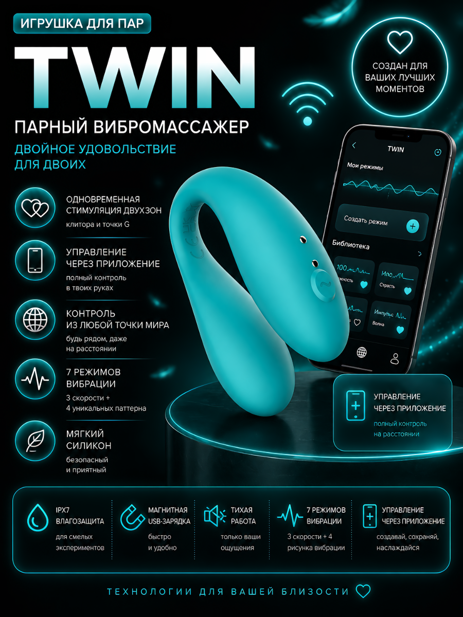 Вибромассажер для пар Amovibe TWIN бирюзовый, с управлением через приложение, двойная стимуляция, 8 см, силикон