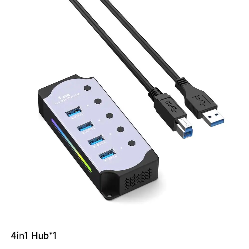 USB-концентратор 3.0 4 портов с RGB-подсветкой и выключателями, алюминиевый корпус, высокая скорость передачи 5 Гбит/с, для дома и офиса