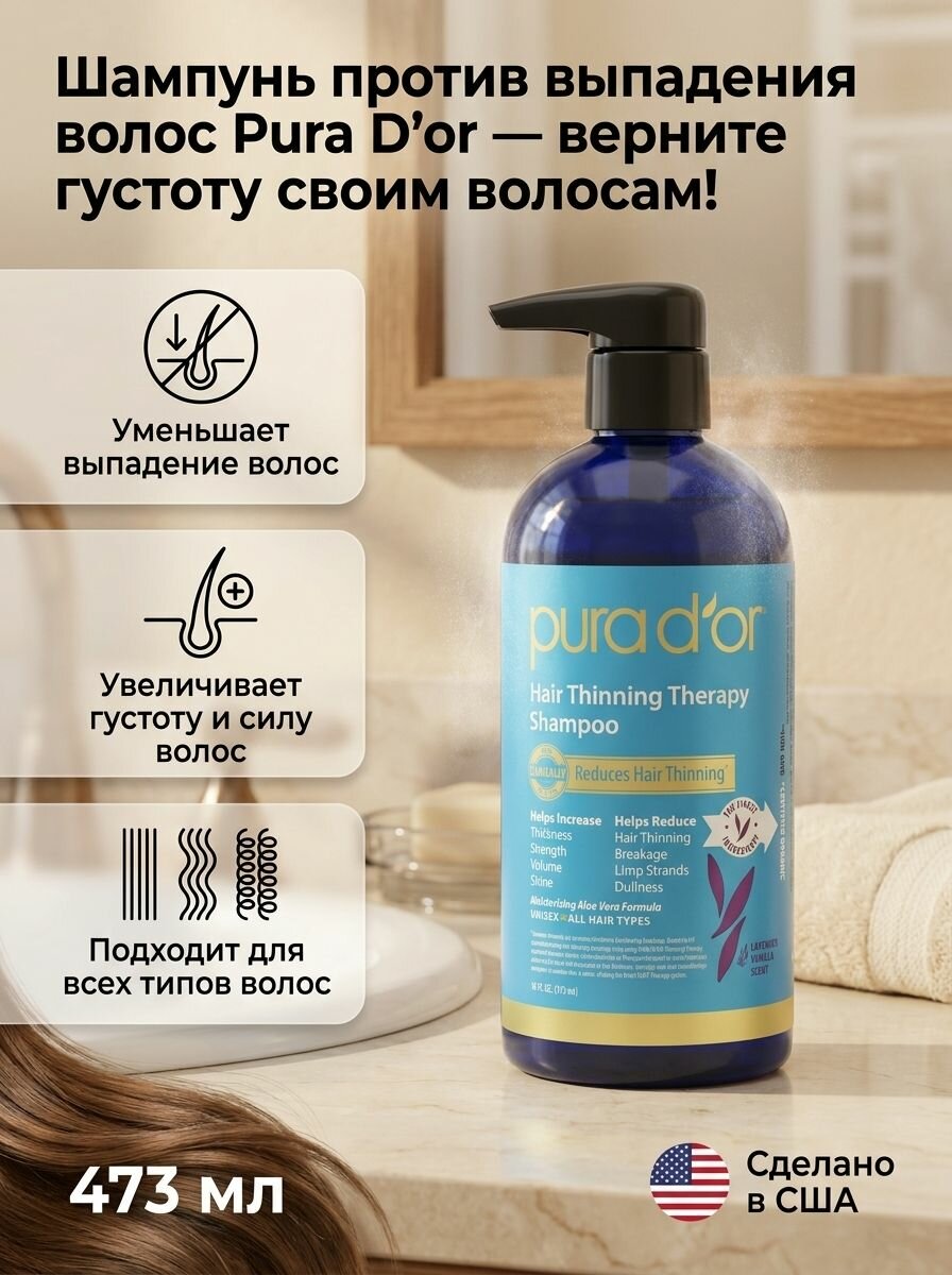 Шампунь против выпадения волос, для всех типов волос, Pura D'or, лаванда и ваниль, 473 мл