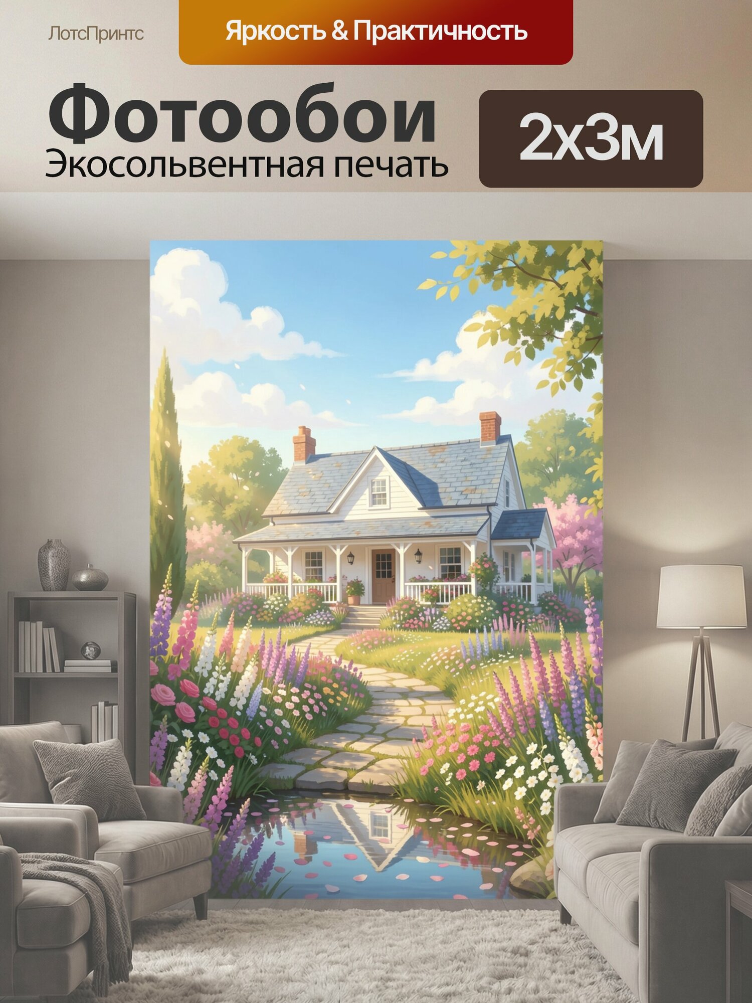 Фотообои "Цветущий дом в саду. Уютный загородный коттедж среди пышных клумб, роз и высоких лилий, с извилистой дорожкой и отражением в воде." 200x300 см. экосольвентная печать