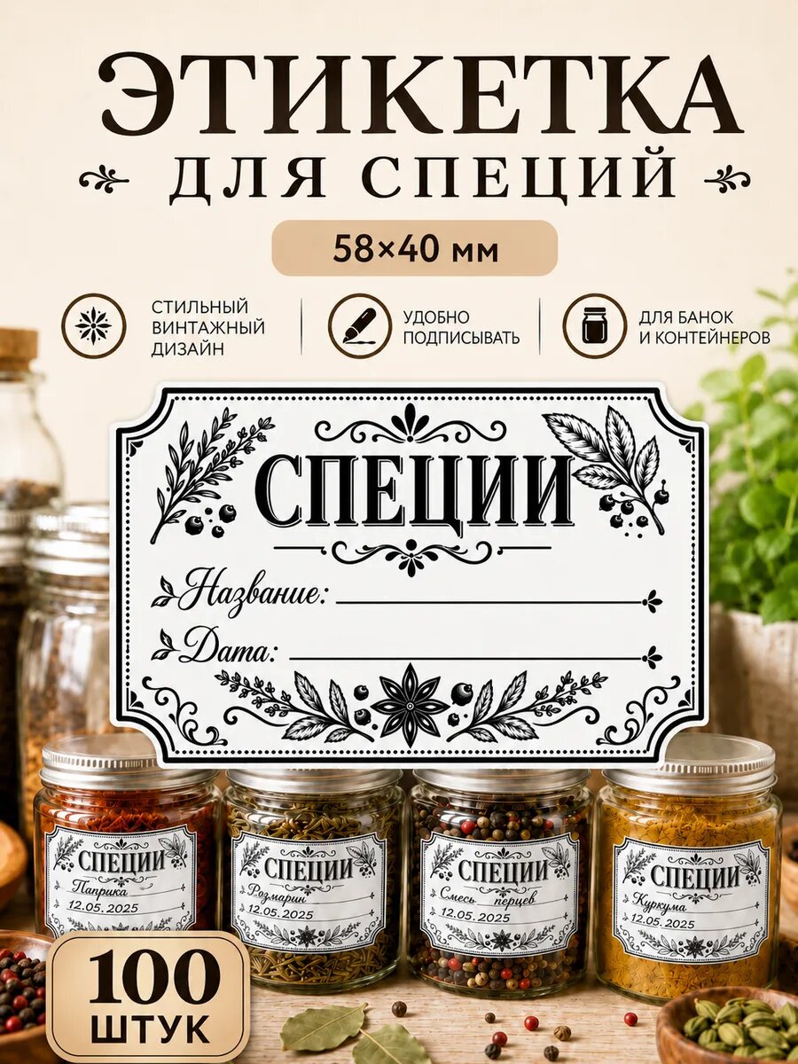 Наклейки для специй HOMERAR, термоэтикетки, белые, 58x40мм, 100шт