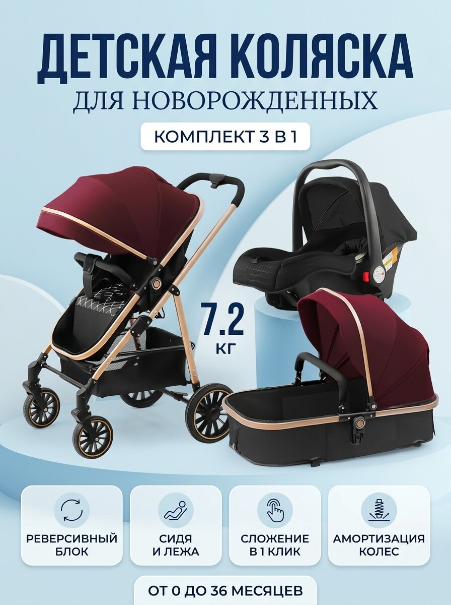 Коляска для новорожденных 3 в 1 всесезонная с автолюлькой и амортизацией