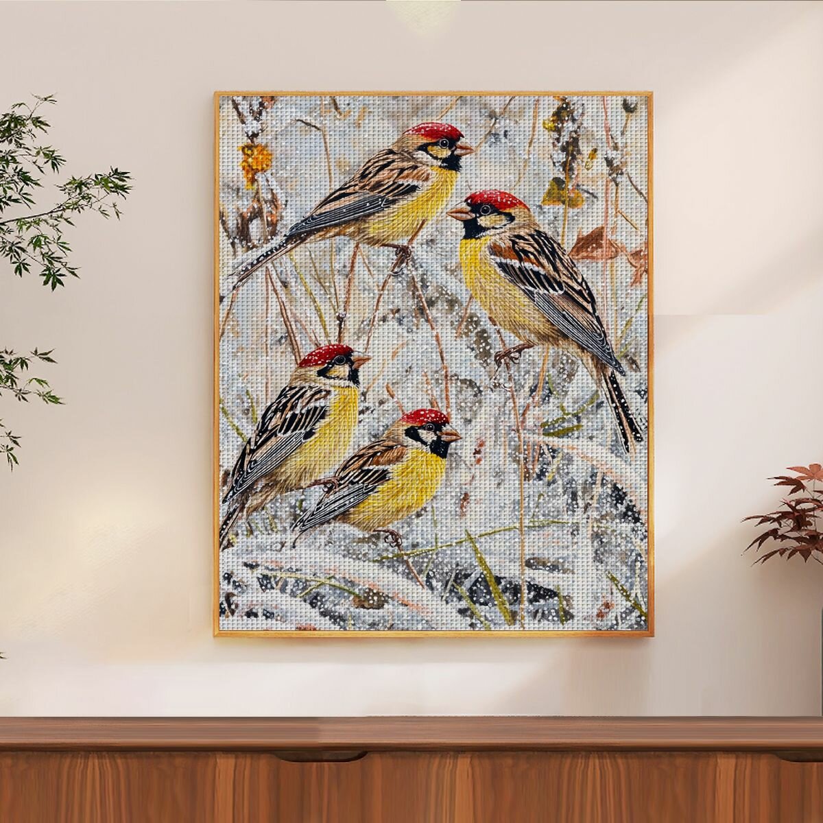 1 бескаркасная 14CT/11CT крестовая вышивка 40X50CM/15.7*19.7inМаленькие птицы в снегукот в окне, цветов с иголками, нитками, чертежами, холстом.