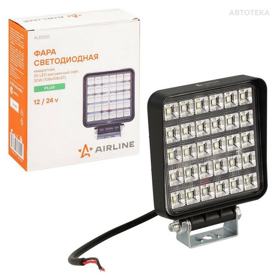 Фара светодиодная квадратная 30 LED рассеяный свет 30W (108х108х37) 12/24V PLUS (ALED101) AIRLINE ALED101