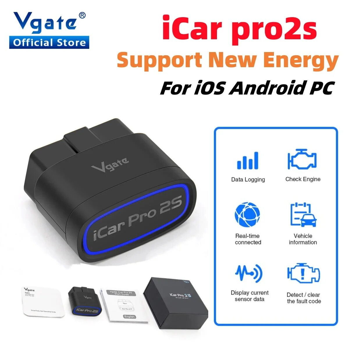 Новый Vgate iCar Pro 2S ELM327 Bluetooth 5.2 для Android/IOS/PC OBD2 Автомобильный диагностический инструмент elm 327 Модернизированный OBD 2 V2.3 Автоматический сканер