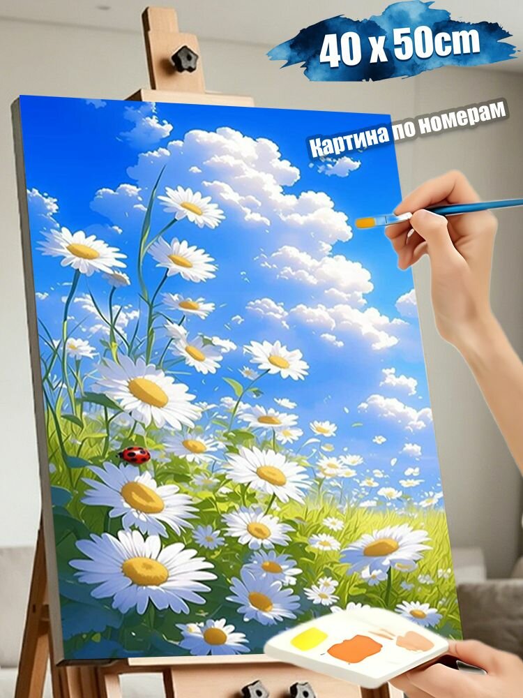 Картина по номерам без подрамника 40х50 см, Солнечный пейзаж с ромашками и голубым небом, 1 набор, для взрослых, антистресс, декор интерьера, подарок для дома и творчества ромашки пейзаж 40х50 антистресс