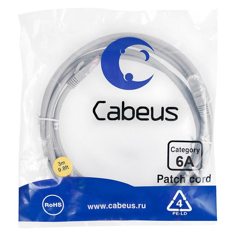 Патч-корд U/UTP кат.6A PC-UTP-RJ45-Cat.6a-3m-LSZH 2xRJ45/8p8c неэкранир. LSZH (10G) 3м сер, CABEUS 7897C (1 шт.)