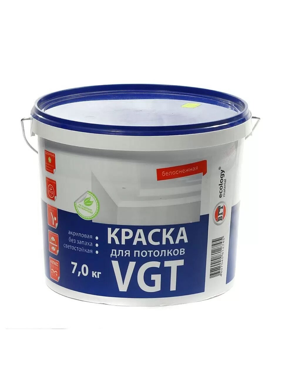 Краска для потолков матовая 7кг белоснежная акриловая, без запаха, для внутренних работ VGT (1633)