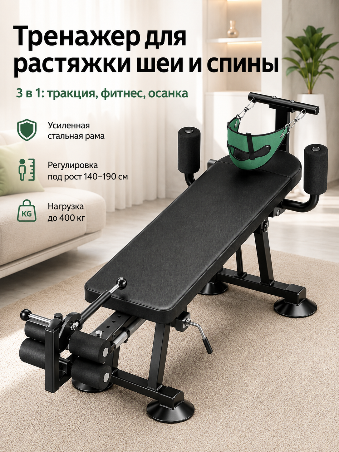 Тренажер для растяжки шеи и спины 3 в 1, тракционная скамья, усиленная рама, черный