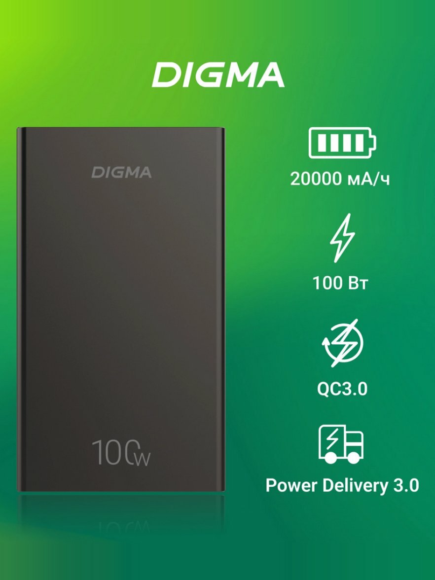 Внешний аккумулятор Digma DGPD100WA 20000mAh QC3.0/PD3.0 100W 5A 2xUSB-A/2xUSB-C черный
