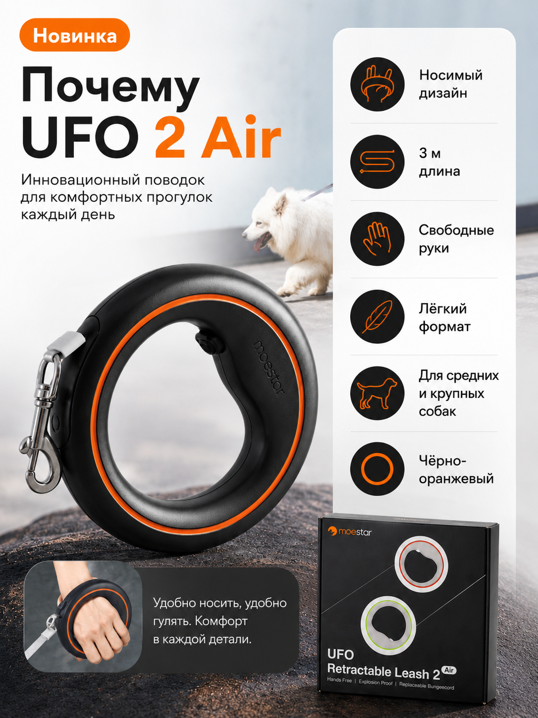 Поводок рулетка для собак Moestar UFO Pet Leash 2 Air Black EU