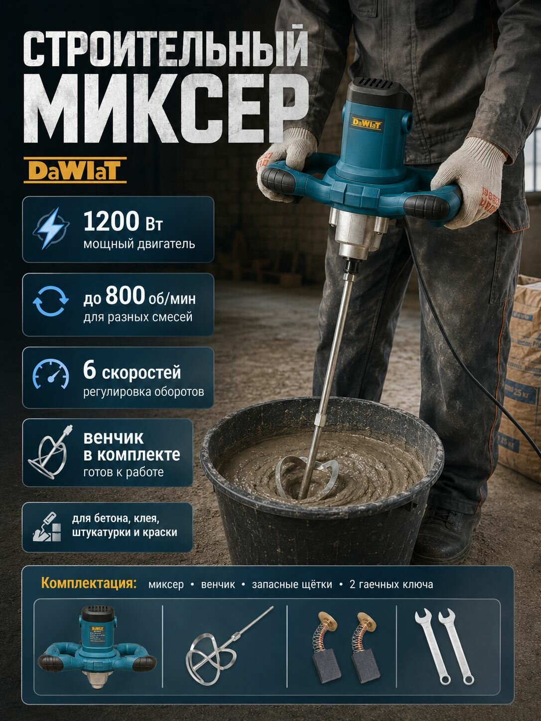 Миксер строительный электрический DaWLaT DW-1200M14