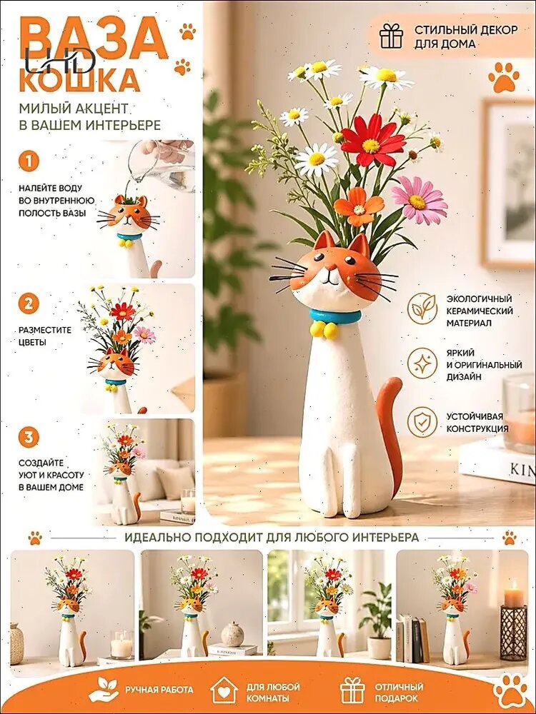 Ваза "Странный кот", 12.5 см , Смола, 1 шт