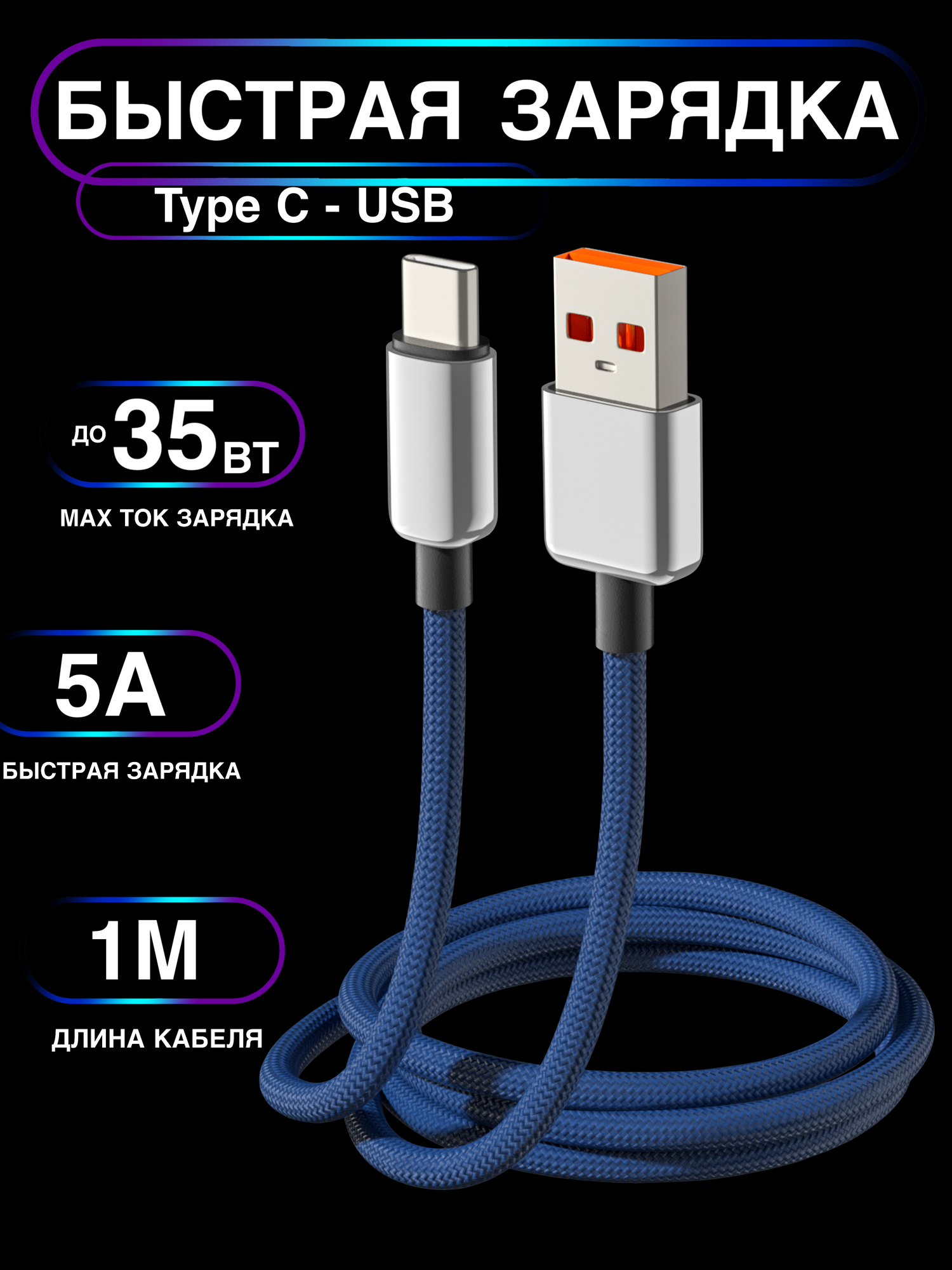 Кабель быстрой зарядки для iPhone, USB - Type-C, iPhone, 25Вт 3A, синий