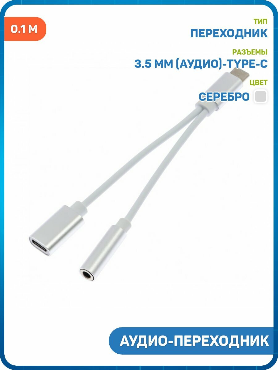 Аудио-переходник (адаптер) Type-C-3.5 мм/Type-C с поддержкой зарядки, 0.1 м, серебро