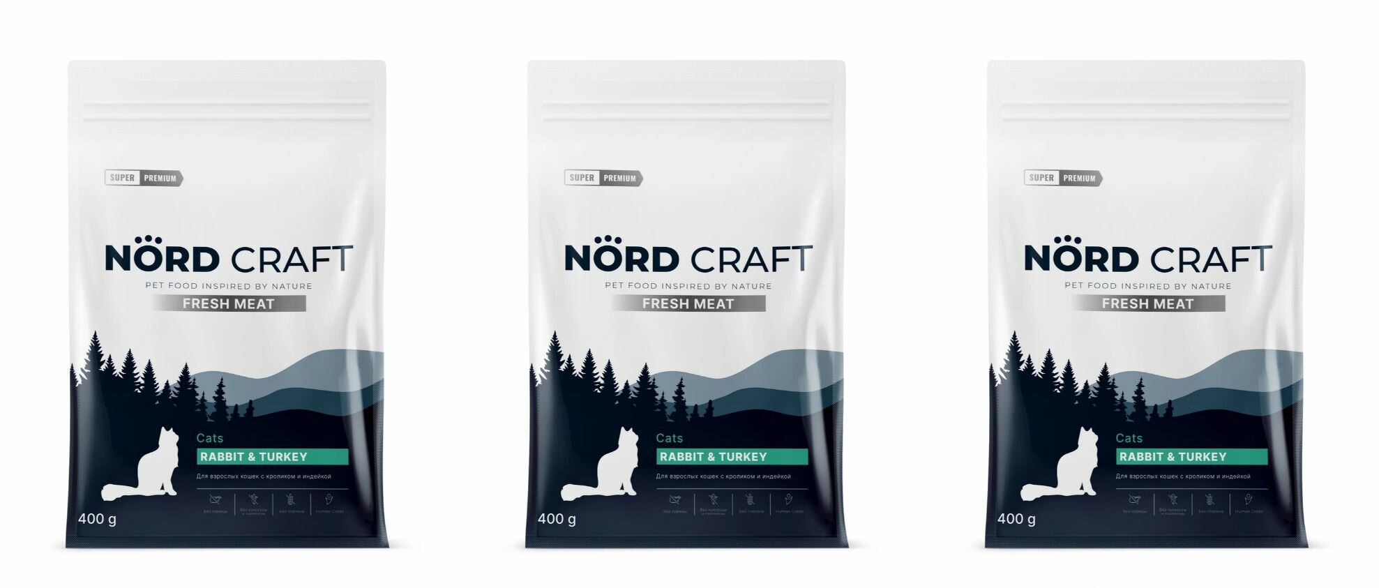 NORD CRAFT Корм сухой для стерилизованных кошек и кастрированных котов Кролик и индейка, 400 г, 3 уп