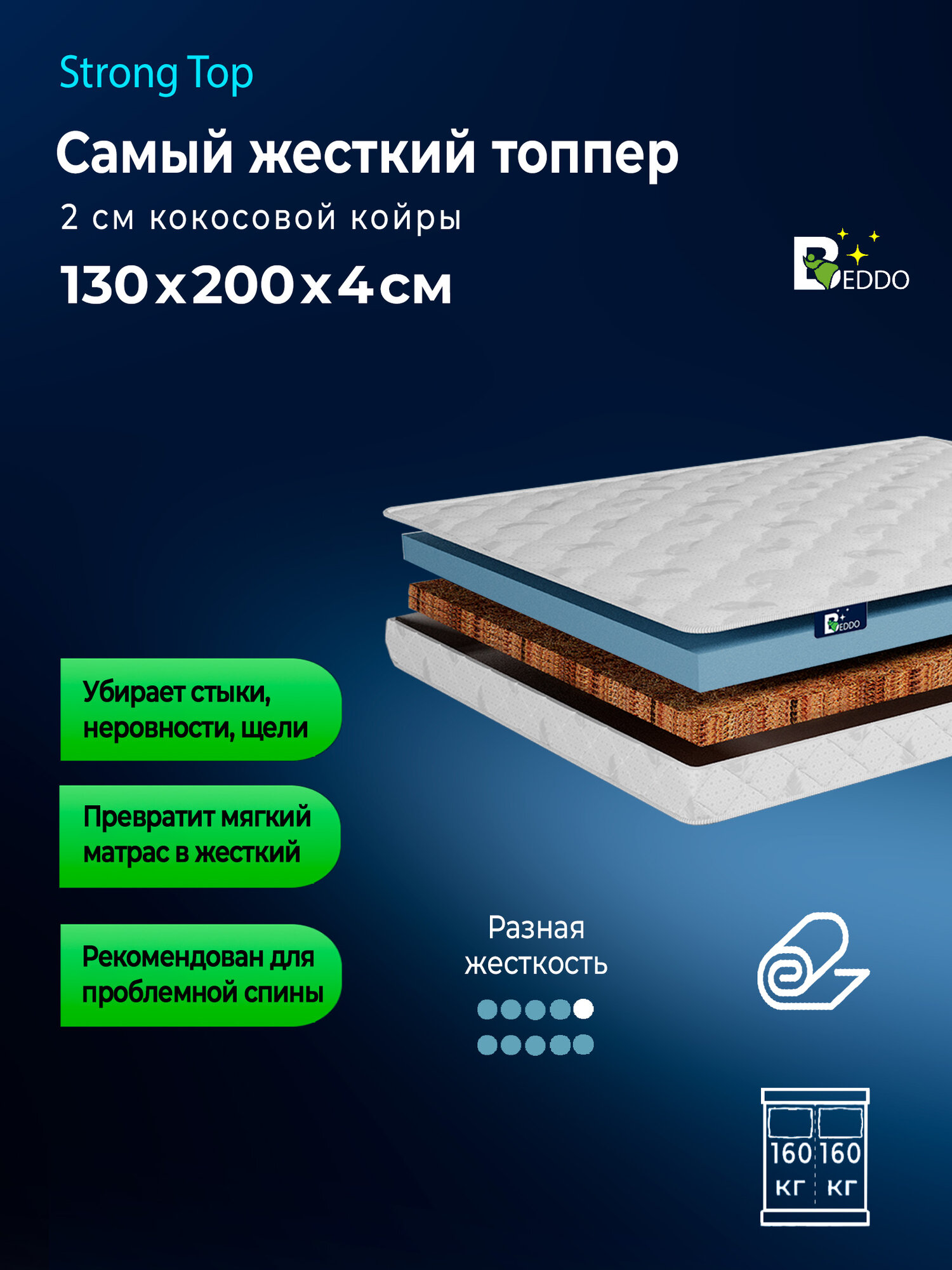 Кокосовый топпер 130 на 200, жесткий наматрасник с кокосовой койрой BEDDO SLEEP Strong Top