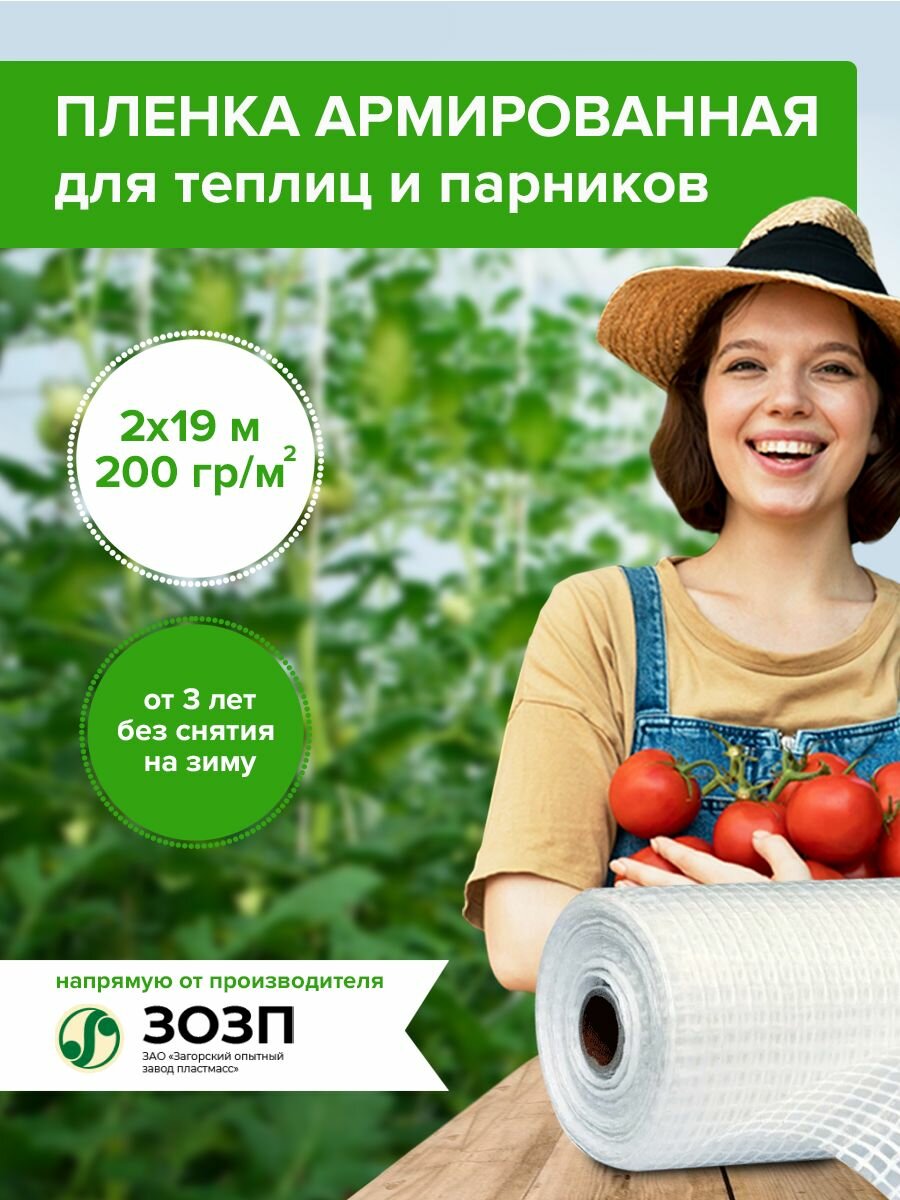 Пленка армированная 200 гр/кв. м, 2х19 м, для теплиц и парников, навесов, строительства, гидроизоляции