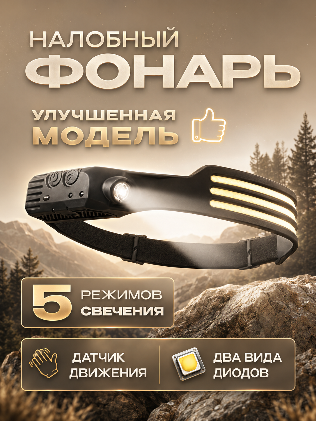Фонарь налобный аккумуляторный для туризма и рыбалки, регулируемый, черный