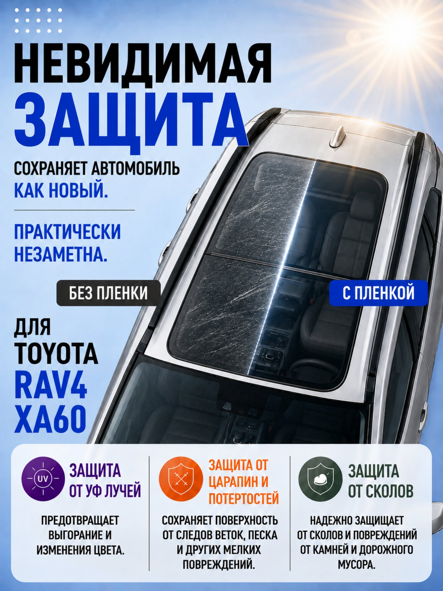 Защитная полиуретановая пленка на люк Toyota RAV4 XA60 прозрачная, гибридный полиуретан