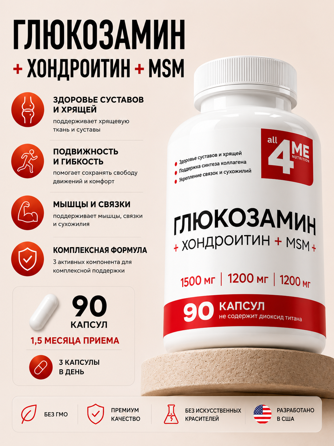 Глюкозамин + Хондроитин + MSM ALL4ME — комплекс для ежедневной заботы о суставах, связках и хрящей