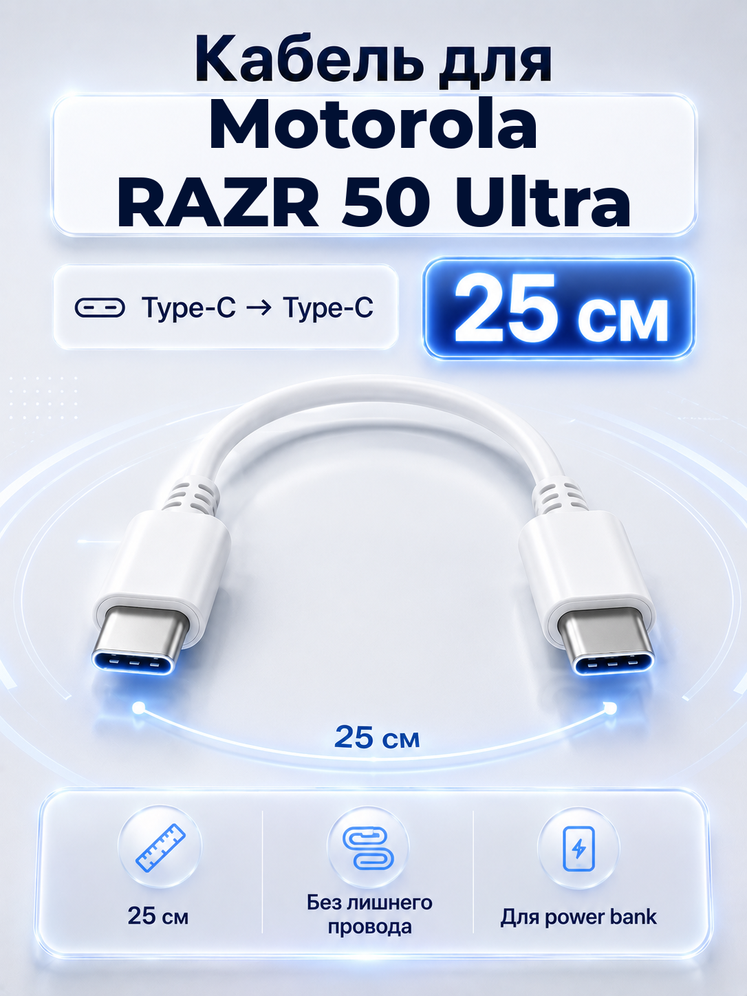 Короткий кабель для Motorola RAZR 50 Ultra Type-C на Type-C, 25 см