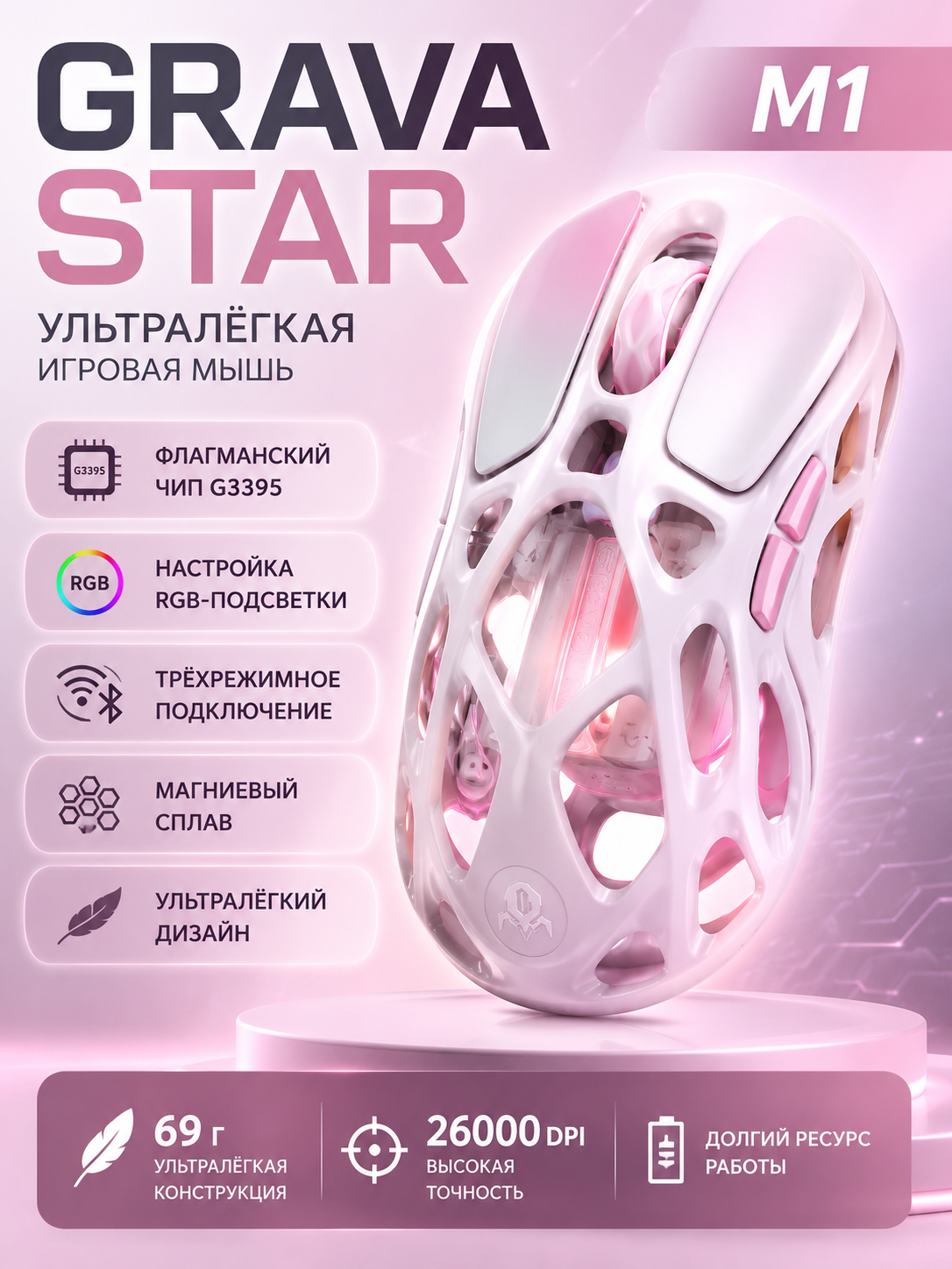 Мышь Gravastar М1, беспроводная, Bluetooth, RGB, магний, eSports