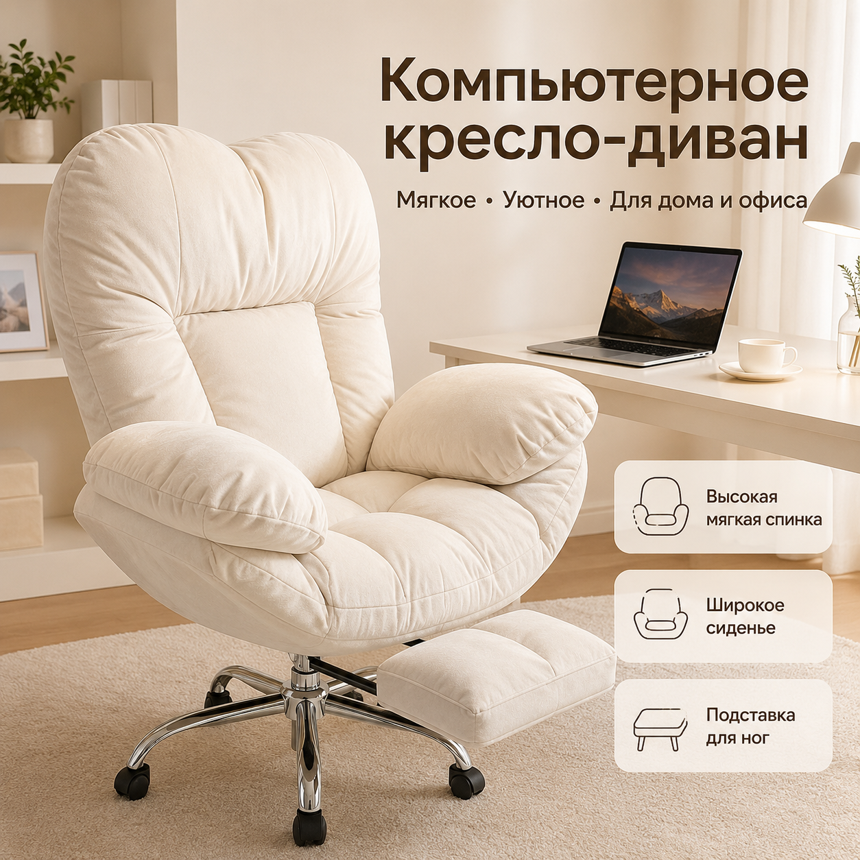 Компьютерное кресло, обивка из флока и ткани, цвет слоновая кость, механизм качания, с подставкой для ног