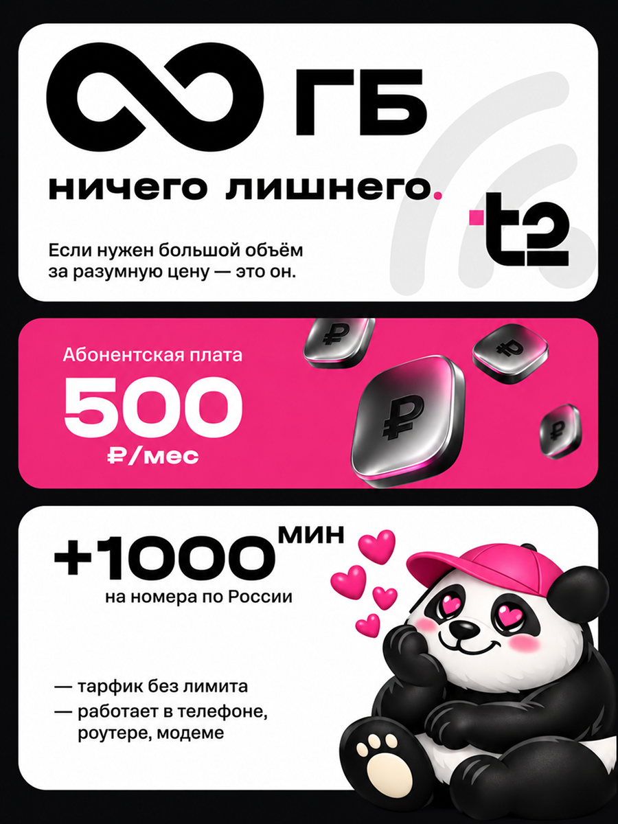 Сим карта Теле2 с безлимитным интернетом + 1000 минут, 500 рублей в месяц, для всех устройств