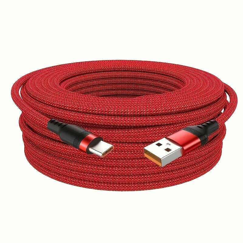 Кабель USB-A - Type-C нейлоновый плоский, 5 м, красный, 50-80 Вт, передача данных, совместим с Samsung, Huawei, Xiaomi, камерой, PS5, PS4