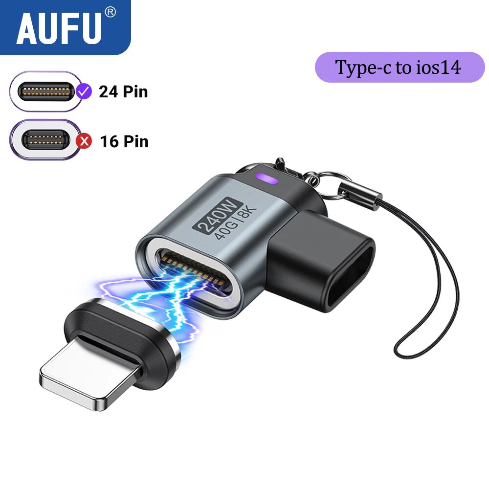 Магнитный адаптер AUFU USB4 Thunderbolt3 USB C, 240 Вт, 40 Гбит/с, быстрая зарядка, магнитный USB C-конвертер (женский разъем), 8K@60Гц, USB Type-C OTG-адаптер