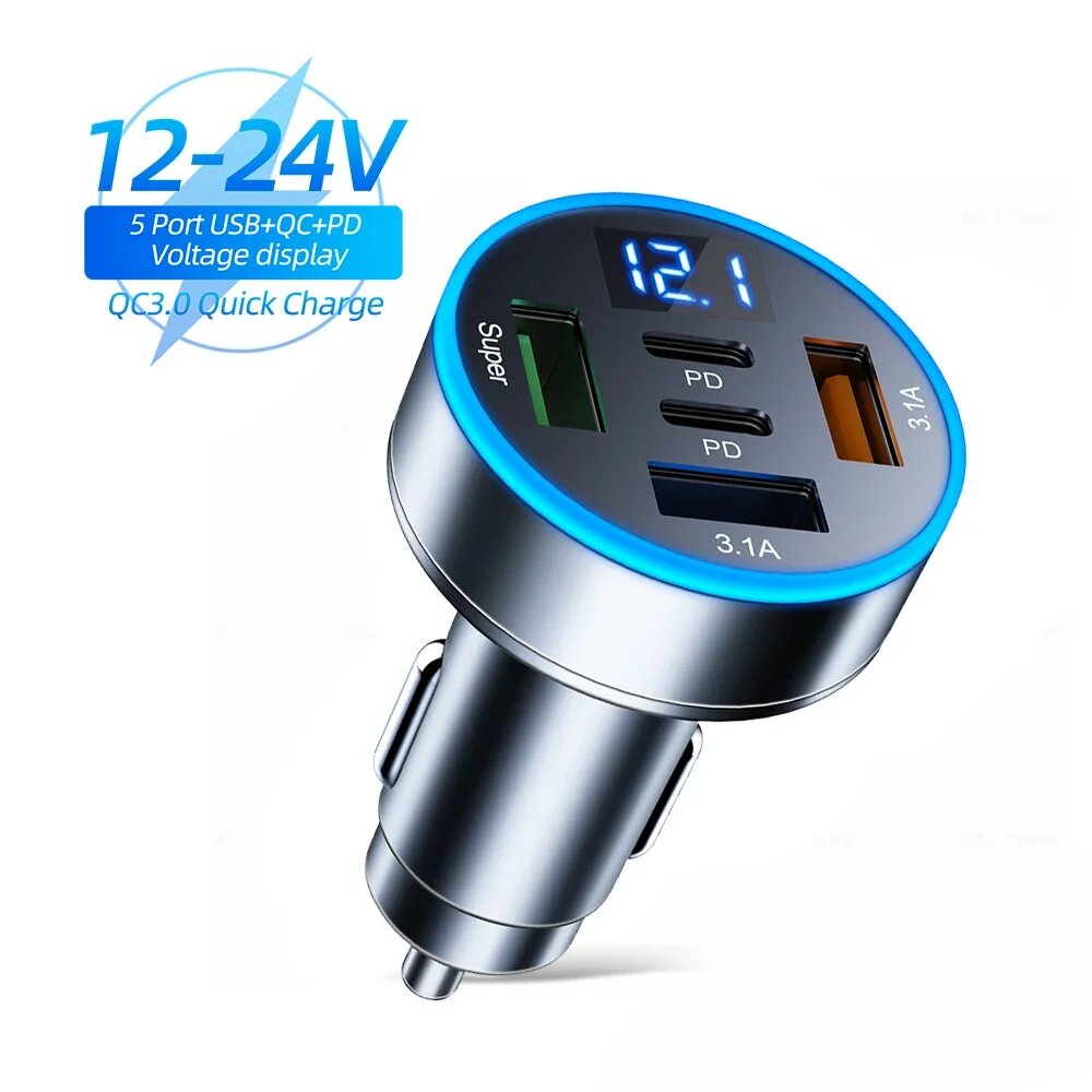 Автомобильное зарядное устройство 5 в 1, быстрая зарядка PD QC3.0 с вольтметром, with aperture