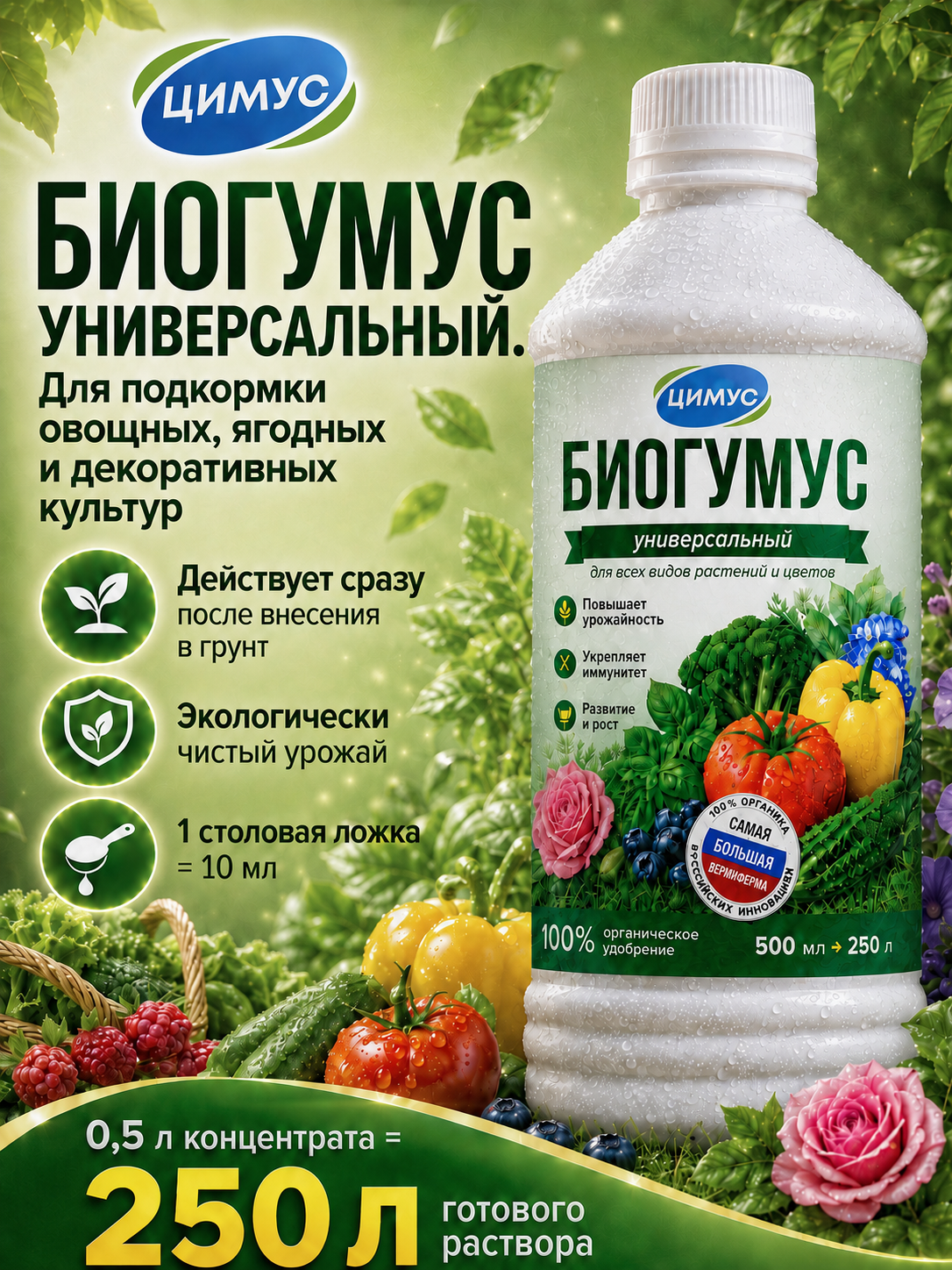 Биогумус универсальный для растений и овощей Цимус, органический, концентрат, 500 мл