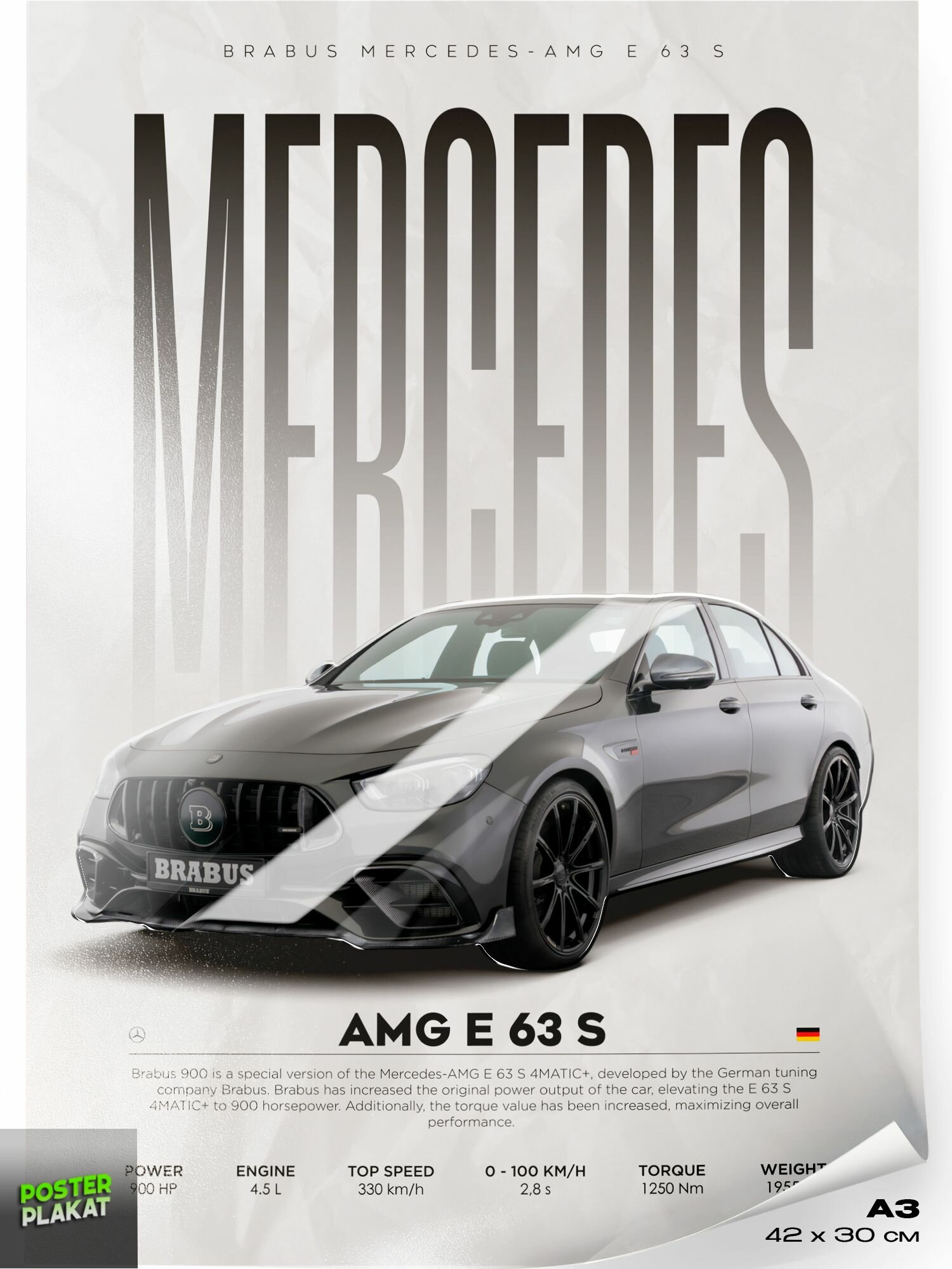 Постер на стену с машинами, Mercedes AMG E 63 S, авто Мерседес АМГ, для интерьера, А3 (420х297 мм), Постер Плакат